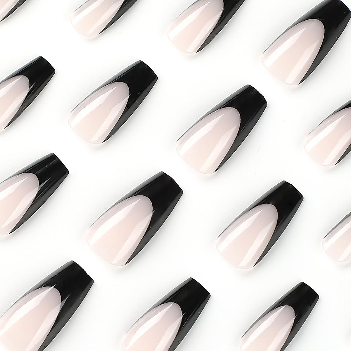 24Pcs Black French Tip Press on Nails Long Coffin Fake Nails with Glue Natural fit False Nails Full Cover Nail Tips Acrylic Artificial Glue on Nails Natural Reusable Stick on Nails for Women