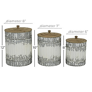Deco 79 Metal Living Room Decorative Jars Distressed Decorative Container with Wood Lids, Set of 3 Jar with Lid 12", 10", 8"H, White