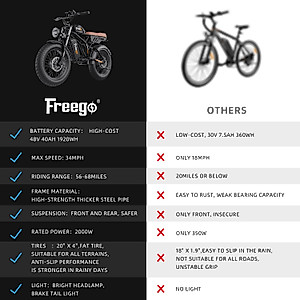 Freego Electric Bike for Adults, Dual Motor & Dual Battery, 2000W/48V/40Ah, 20"x4.0" Fat Tires Off Road Electric Bicycle with Removable Battery, 34MPH & 68 Miles Long Range E Bike UL Certified