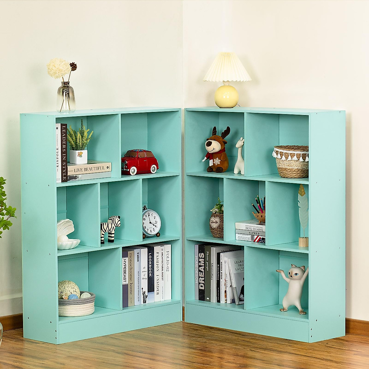 LEYAOYAO 7 Cube Bookshelf with Base,3 Tier Modern Mint-Green Kids Bookcase,Standing Wide Bookshelves Storage Organizer Toy Shelf,Wood Display Children's Book Shelves for Bedroom,Living Room,Nursery