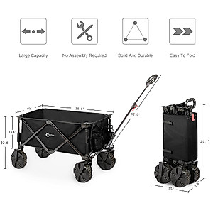 Portal Folding Collapsible Beach Wagon Utility Outdoor Camping Cart with 8" Big Wheels & Adjustable Handle, Large Capacity Foldable Grocery Wagon for Garden Beach Wagon, Black