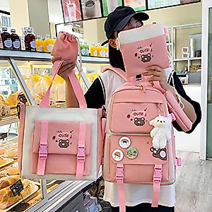 MOJIDUO 5Pcs Set Kawaii Backpack with cute plush Pendants & Badge,19 gallon capacity School Bag Cute Aesthetic Backpack