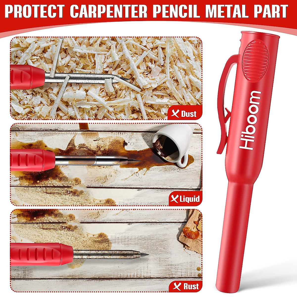 Hiboom 3 Pack Solid Carpenter Pencils with Carpenter Pencil Cap and 27 Refills, Deep Hole Mechanical Scriber Marking Tools with Built in Sharpener for Construction Woodworking Architect