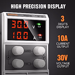 DC Power Supply Adjustable (30V 10A), Eventek Variable Switching Regulated Digital Power Supply with Alligator Leads US Power Cord (30V 10A)