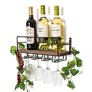 SODUKU Wall Mounted Rustic Wood Wine Rack with 4 Long Stem Glass Holder | Home Kitchen Décor | Storage Rack