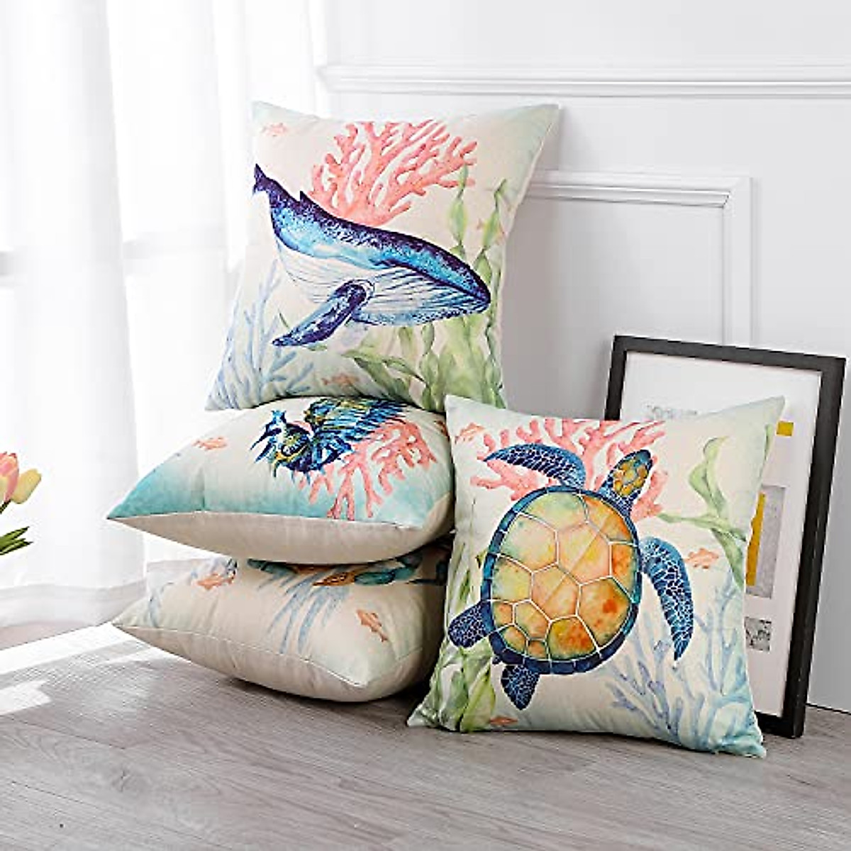 Artscope Set of 4 Waterproof Throw Pillow Covers 18x18 Inches, Marine Life and Pink Coral Pattern Decorative Cushion Covers, Perfect to Outdoor Patio Garden Living Room Sofa Farmhouse Decor