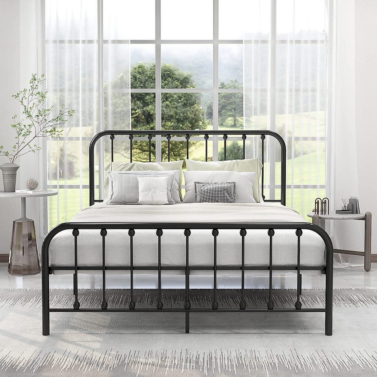 alazyhome Queen Size Metal Platform Bed Frame with Headboard and Footboard Sturdy Heavy Duty Steel Slat Support No Box Spring Needed Easy Assembly Black