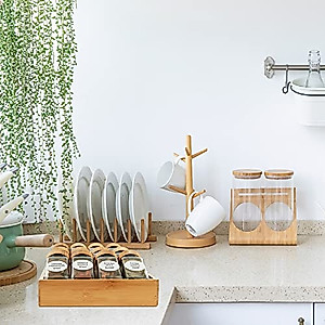 Qompaxs Bamboo Tableware Organizer, Spices Bottle Holder, Drawer and Cabinet Organizer, Kitchen Countertop Organizer and Storage Tray