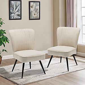 Alunaune Accent Chair Set of 2 Upholstered Living Room Chairs Modern Bedroom Furniture Sets Armless Slipper Club Chair Guest Reception Couch Comfy Wingback Single Sofa-Ivory