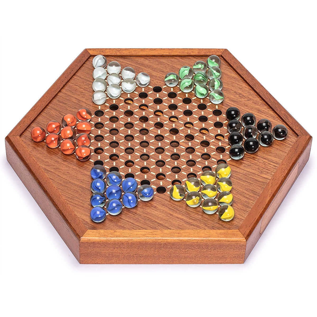 Wooden Chinese Checkers Halma Board Game Set - 12.7 Inches - with Drawers and Glass Marbles - Made by Yellow Mountain Imports