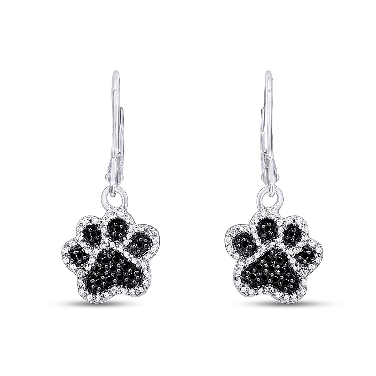 Black & White Natural Diamond Paw Print Dangle Earrings In 14K White Gold Over Sterling Silver (1/6 Ct)