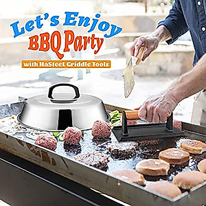 12In Cheese Melting Dome & 8x4In Cast Iron Grill Press, HaSteeL Stainless Steel Basting Cover with Heavy Duty Burger Bacon Press, Griddle Accessories for Teppanyaki Flat Top Stovetop Indoor & Outdoor