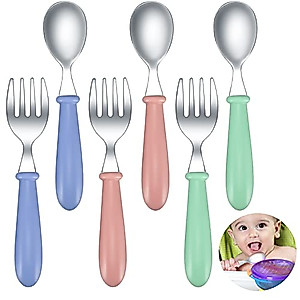 6 Pcs Toddler Utensils Set, Baby Silverware Set, Stainless Steel Toddler Forks and Spoons, Children Baby Spoons and Forks Cutlery Set with Round Handle, Dishwasher Safe
