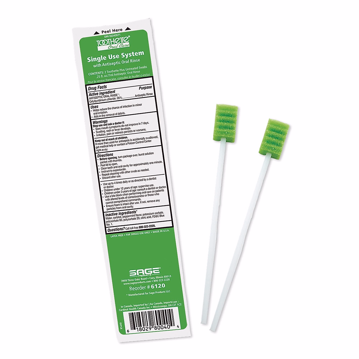 Stryker – Sage Toothette Plus Single Use Oral Swabs with Antiseptic Oral Rinse – 1 package of 2 swabs with .25 fl. oz. mint mouthwash – Disposable swabs with long handle