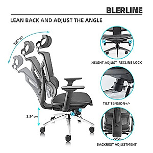 blerline Ergonomic Office Chair, Tall Comfortable Home Office Computer Desk Chair with Wheels, with 4d Armrests Headrest High Back Lumbar Support Reclining Mesh Office Chair, for Gaming, Work (Black)