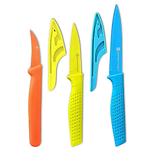 Gourmet Forged ColorSlice 3 PC Color-Coded Paring Knife Set. 5" Fruit Knife, 3.5" Paring, 3" Bird Beak Hook Peeler Curved Non Stick Dishwasher Safe Knives Sharp Stainless Steel Anti Rust