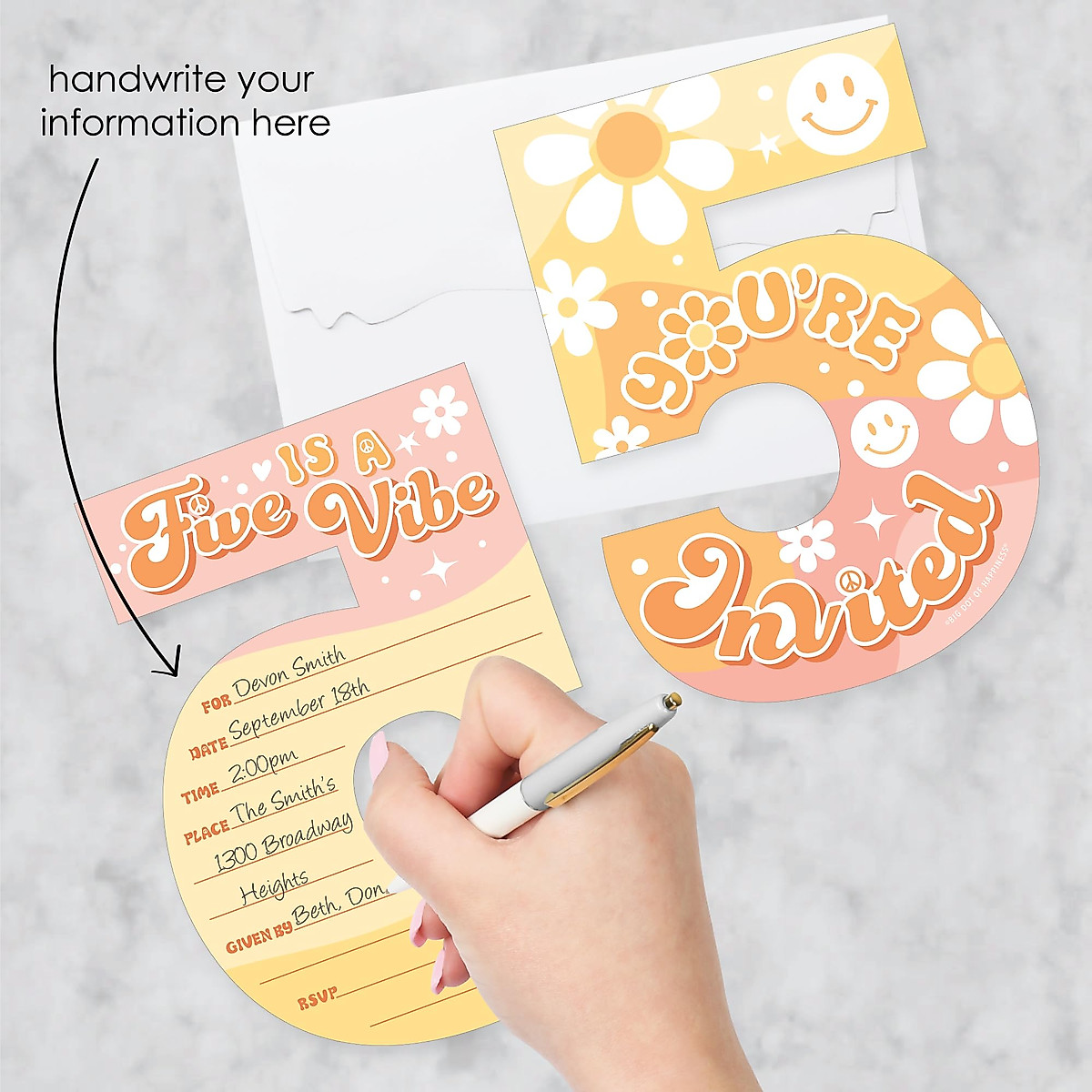 Big Dot of Happiness Five is a Vibe - Shaped Fill-In Invitations - Boho Hippie Fifth Birthday Party Invitation Cards with Envelopes - Set of 12