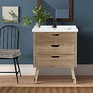 Luca Kitchen & Bath LC24TOP Magnolia 24" Reclaimed Wood Mid-Century Modern Bathroom Vanity in Natural Finish with Integrated White Porcelain Top