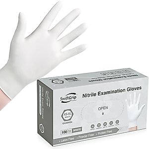 SwiftGrip Disposable Nitrile Exam Gloves, 3-mil, X-Small, Box of 100, White Nitrile Gloves Disposable Latex Free for Medical, Cleaning, Cooking & Esthetician, Food-Safe, Powder-Free, Non-Sterile