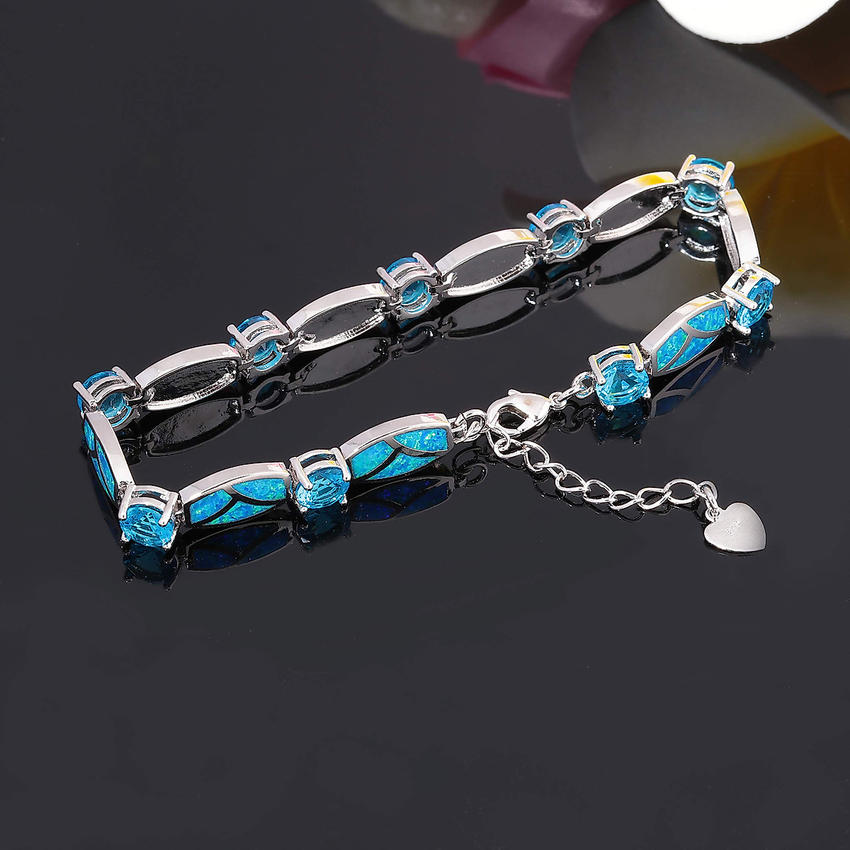 CiNily Created Blue Fire Opal Aquamarine Rhodium Plated for Women Jewelry Gems Chain Bracelet