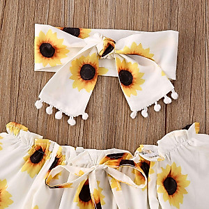 Kuriozud Baby Girl Sunflower Romper Newborn Infant Off Shoulder Bodysuit One Piece Summer Clothes (Sunflower White + Headband, 0-6 Months)
