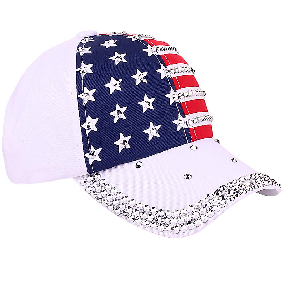 oaesc Patriotic American Flag Baseball Cap USA Bling Sparkle Hat for Women 4th July Summer Sun Cap White