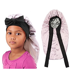 brcok Kids Braid Long Bonnet Girls Satin Bonnet Sleeping Cap Double Layer with tie Band Silk Hair Bonnet for Toddler Child (Kids Long Pink)