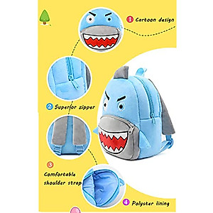 Ladyzone Toddler Backpack Zoo Animals Backpacks Cute Plush Bag Cartoon 10" Preschool Book Bag For 2+ Years Girls Boys (Shark)