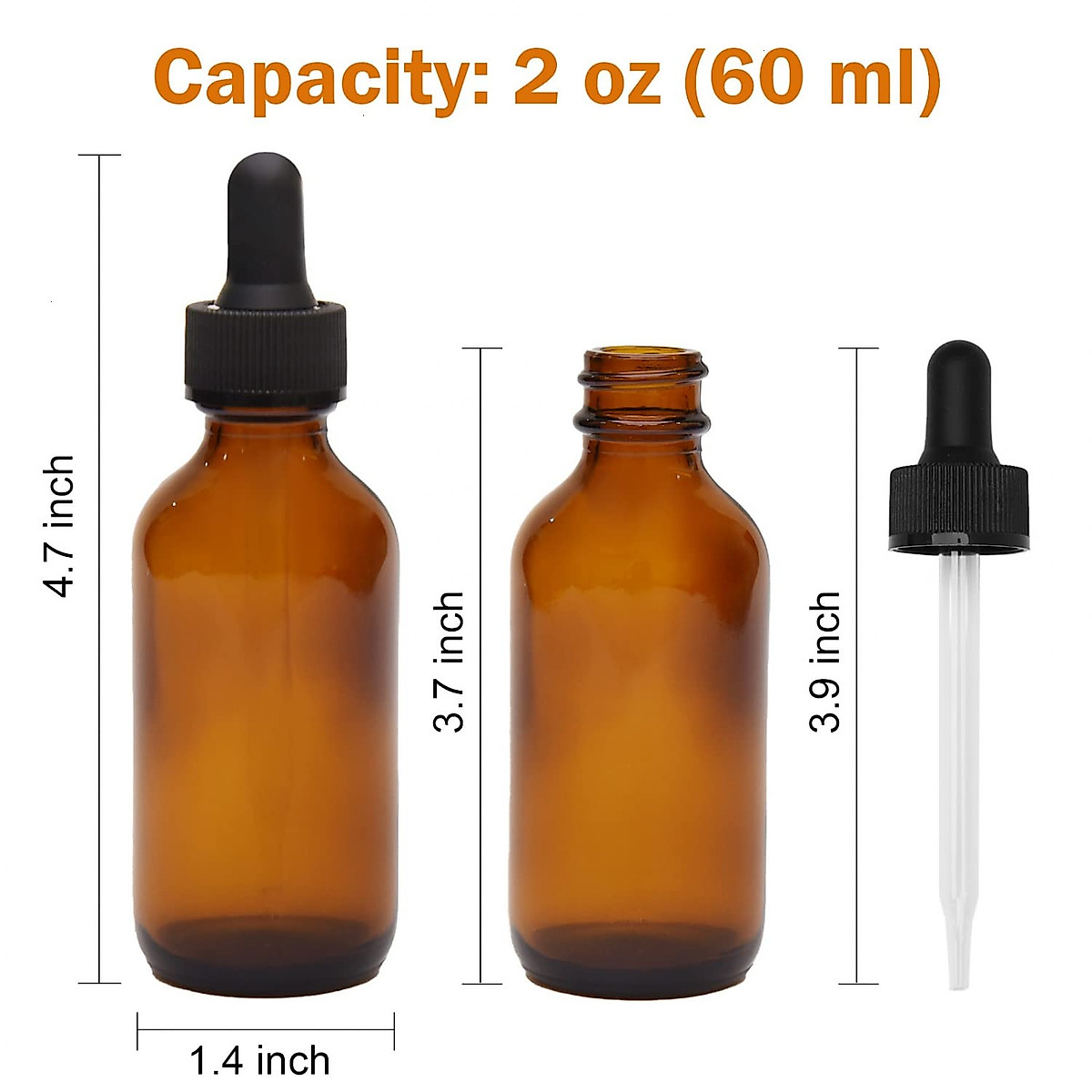 Rocinha 2oz Glass Dropper Bottle,80 Pack Amber Glass Bottles with Glass Droppers and Black Cap for Essential Oils, Lab Chemicals, Perfumes