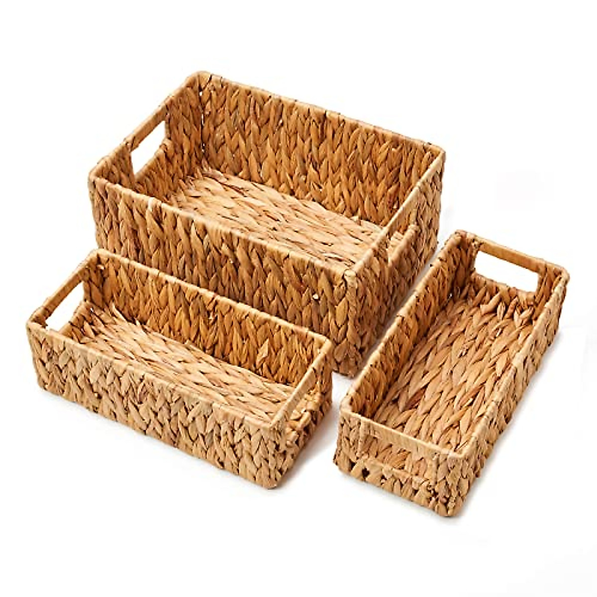 EZOWare Natural Water Hyacinth Baskets, Set of 3 Woven Wicker Rectangular Storage Organizer Bin Boxes with Handles for Closet Toys Clothes Kids Room Nursery - 2 Sizes