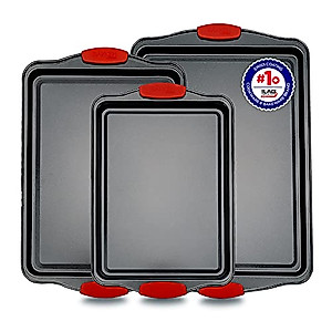 Baking Pan Set – 3 Piece Cookie Sheet – Deluxe Black Non-Stick Carbon Steel – Silicone Handles – Commercial Grade Restaurant Quality – PFOA PFOS and PTFE Free by Bakken