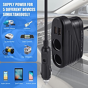 ELCTHUNDER Quick Charge 3.0 Cigarette Lighter Splitter, 2-Socket Car Charger with 27 Inches Extension Cable, 120W 12V/24V Car Charge Splitter with PD 20W Type-C Port for Phone GPS Dashcam