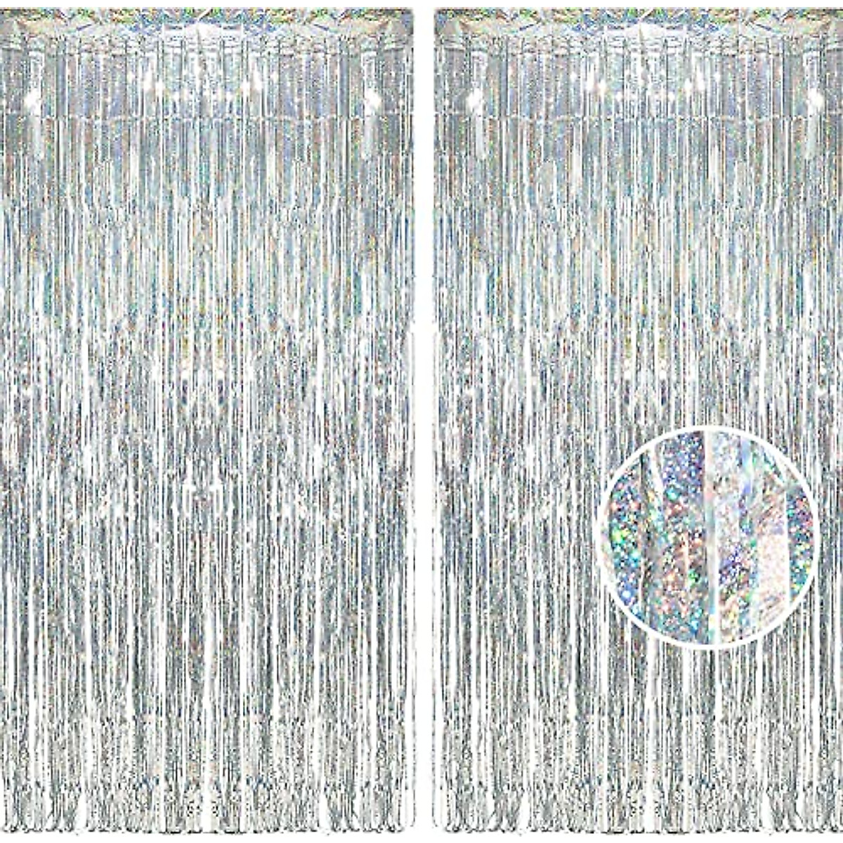 BRAVESHINE Silver Glitter Tinsel Foil Fringe Curtains - 2Pcs 3.2x8.2ft Photo Backdrop for Birthday Valentine Wedding Christmas Frozen Bridal Bachelorette Anniversary Engagement Disco Party Decorations