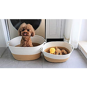 YUKIMOCOO Dog Toy Basket White Brown Cotton Rope Basket Shallow Cute Pet Toy Storage Bin Home Storage Woven Basket for Living Room Clothes Towel Blanket Item Storage Basket