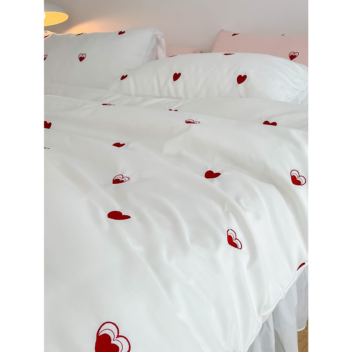 QWINEE 3Pcs Heart Embroidered Duvet Covers Sets Soft 3 Pieces Farmhouse Bedding Set with 1 Comforter Cover and 2 Pillowcases for All Season Rustic Lightweight White A Full