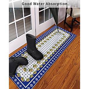 KITHOME Front Door Mat Blue Tile Background Lemon Floral Indoor Outdoor Entrance Doormat Washable Floor Mats for Front Door Bathroom Kitchen Runner Rugs 16x47 Inch