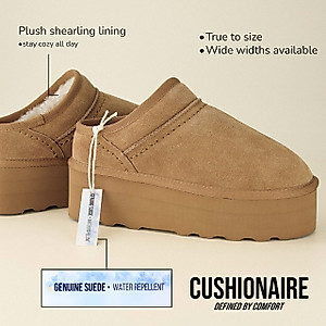 CUSHIONAIRE Women's Huggy Genuine Suede Cozy Mule Platform +Memory Foam, Wide Widths Available, Sand 7.5