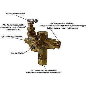 1/2" Compression Side Inlet X 1/2" FNPT, Combo Unloader Pilot Check Valve with Throttle Control Cable for 6.5HP Max Gas air Compressors (095-125 PSI, 18" Throttle Control Cable & Unloader Valve)