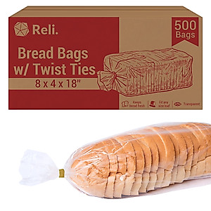 Reli. Bread Bags with Ties | 8 x 4 x 18" | 500 Pack (500 Twist Ties) | Bulk Bread Bags for Homemade Bread | Plastic Bread Bags for Bakery, Bread Storage | Bread Loaf Packing Bags | Clear, Large