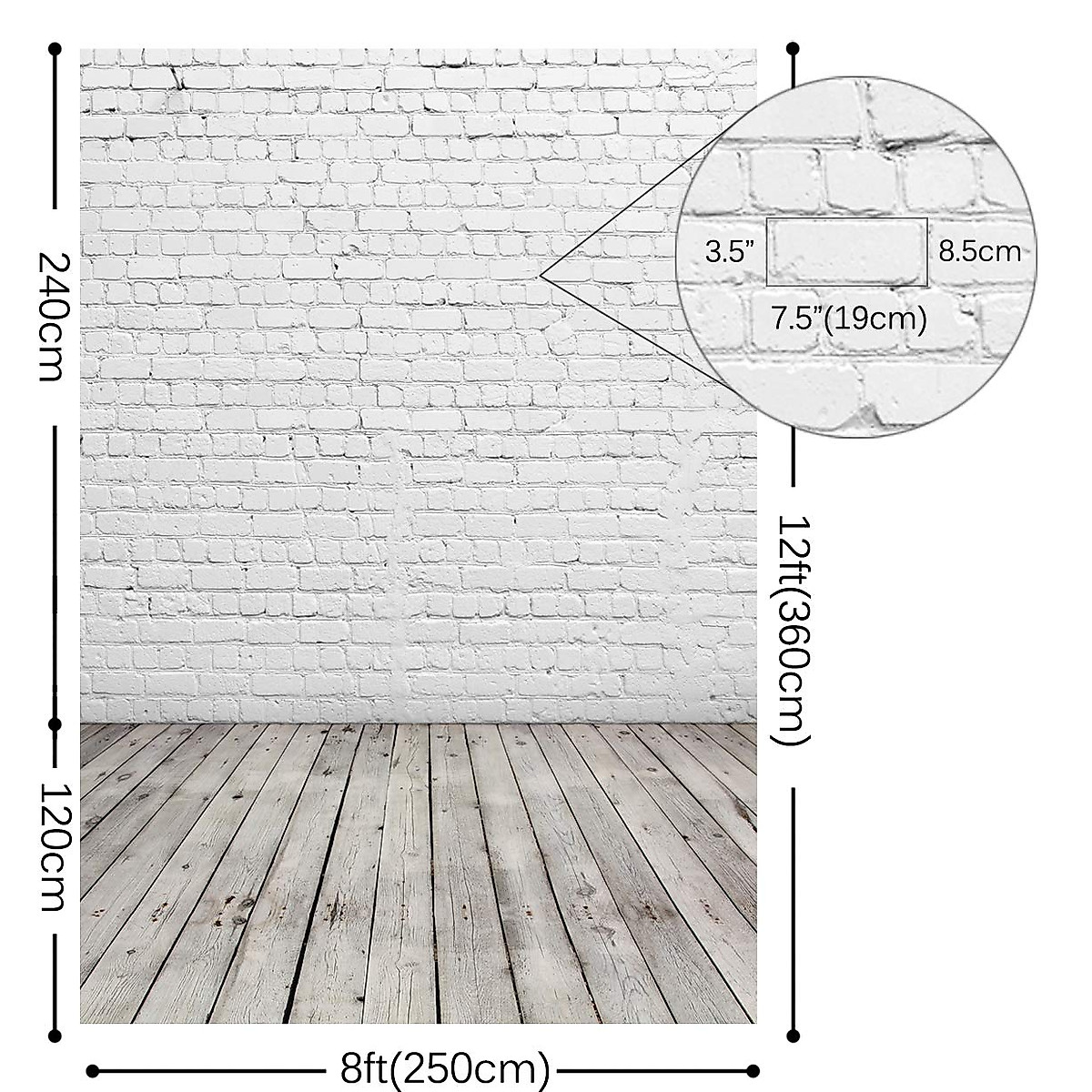 8'x12' White Brick Wall with Gray Wooden Floor Photography Backdrop Vinyl Background for Pictures D-2504