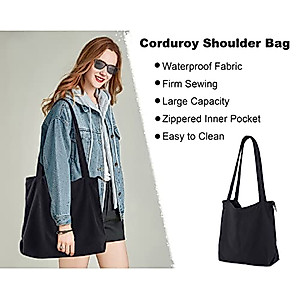 Women Corduroy Tote Bag Zipper Canvas Shoulder Handbags Girl School Large Purse With Pocket Black