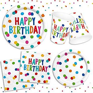 Happy Birthday Decorations: Kids' Birthday Party Supplies with Dots Design - Includes Happy Birthday Plates and Napkins, Disposable Paper Cups, Serves 16