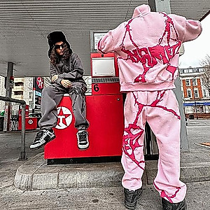 Soosuihoo Pink Spider Full Zip Hoodie Y2k Rhinestone Skull Streetwear Skeleton Hoodies Goth Grunge Oversized Jacket (L,Brown)