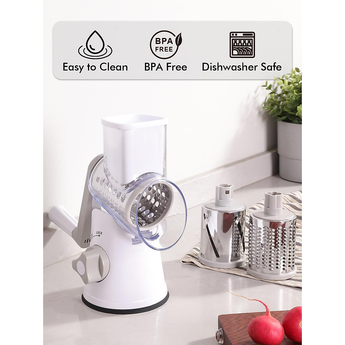 LucGee Rotary Cheese Grater with Handle - 3 in 1 Cheese Shredder Rotary Grater Stainless Steel Handheld, Vegetable Slicer for Fruit, Cheese, Nuts(White)