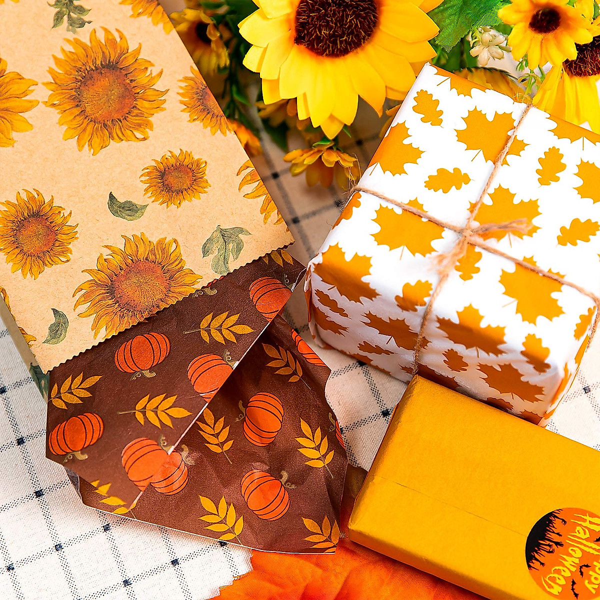 Whaline 90 Sheet Fall Thanksgiving Tissue Paper Autumn Pumpkin Maple Leaves Wrapping Paper Art Paper Crafts for Halloween Harvest Birthday Wedding Party Gift Bag Festival Pompom Confetti (6 Designs)