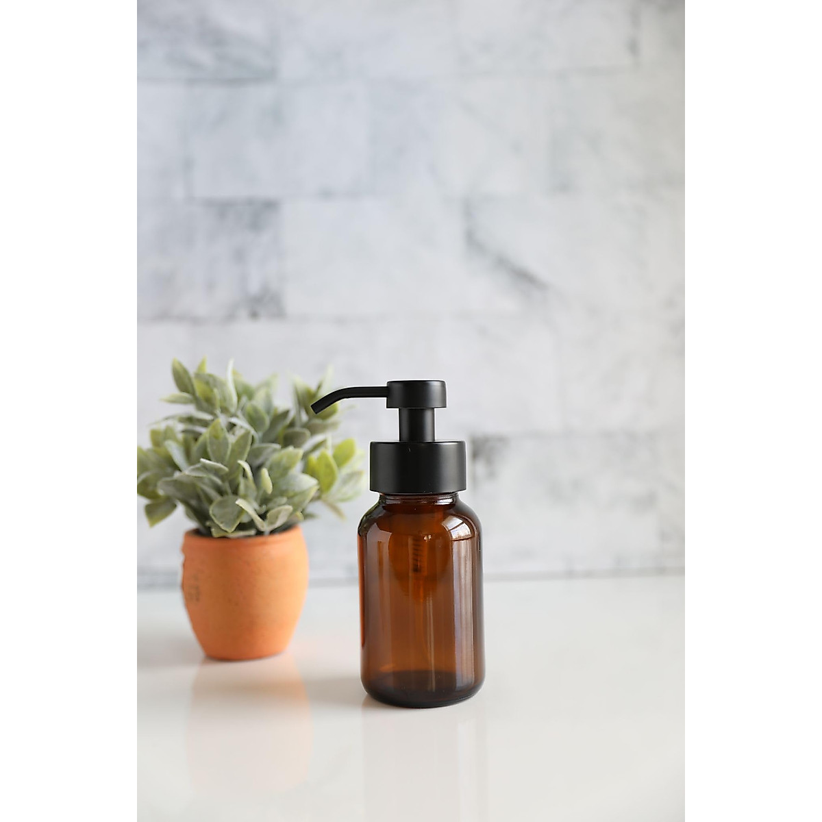 Rail19 Amber Glass Apothecary Foaming Soap Dispenser with Metal Pump - for Kitchen and Bathroom Countertop, 8.5oz (Black)
