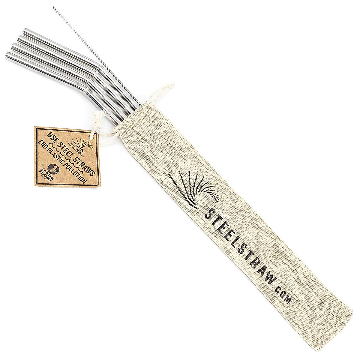 Metal Straws - 4 Reusable Stainless Steel Straws w/ Cleaning Brush in Cloth Bag - Straw fits 20 Ounce Tumblers