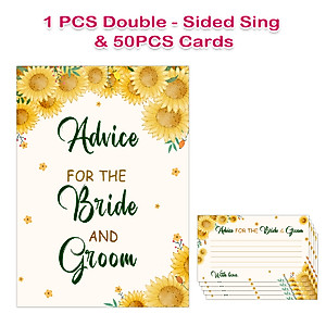 Advice To The Bride and Groom, Sunflower Themed Cards - Bridal Shower Games For Guests,Wedding Advice Cards For Bride and Groom, Wedding Games, Wedding Guest Book Alternative, (1 Sign & 50 Cards)