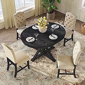 Dinehome 5-Piece Retro Style Wooden Extendable Round Dining Table Set with 4 Upholstered Chairs, Espresso