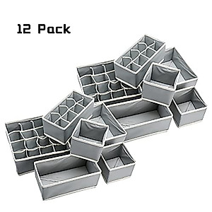 Patioer 12 Pack Underwear Drawer Organizer Dividers Foldable Drawer Organizer For Clothes Cloth Storage Box Closet Dresser Organizer Cube Fabric Containers Basket Bins for Underwear Bras Socks, Gray